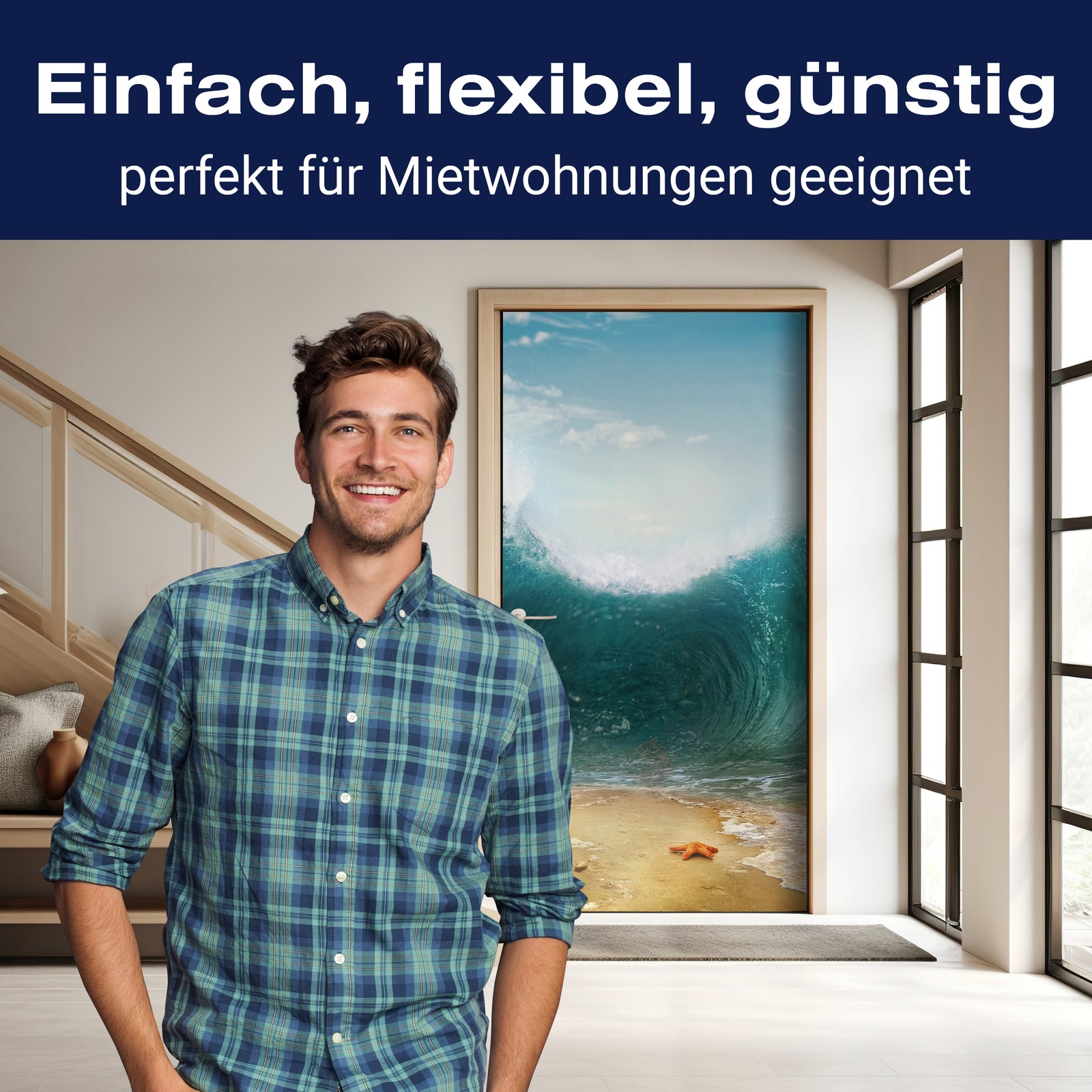 Türtapete Seestern auf Sandbank, Meer, Welle M1160